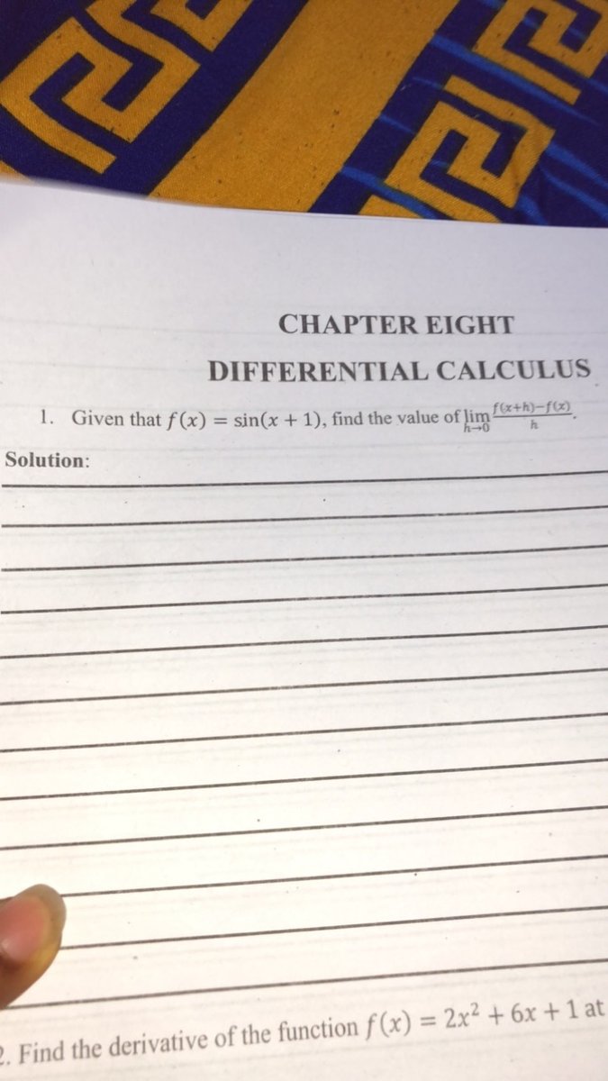 Given that f(x) = \sin(x + 1), find the value of \lim_{h\to 0} \frac{f(x+..