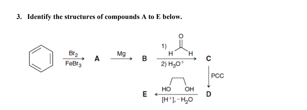 Identify the structures of compounds A to E below. [Diagram showing a re..