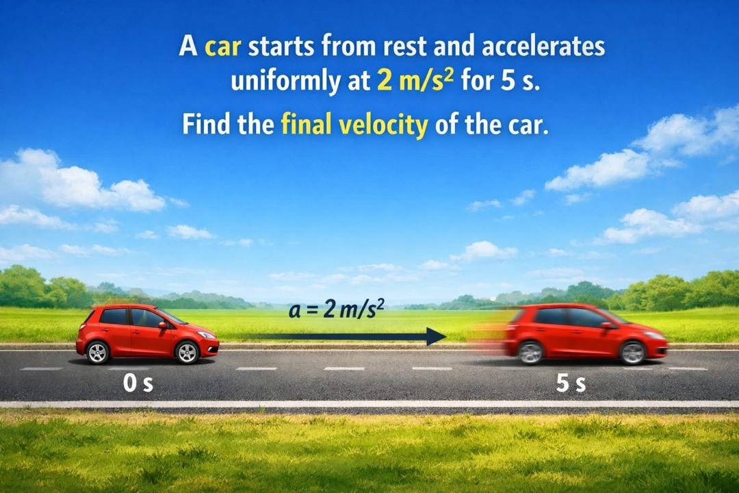 A car starts from rest and accelerates uniformly at 2 m/s² for 5 s. Find..