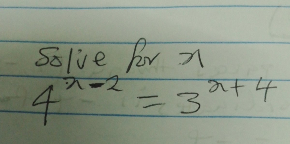 Solve for x: 4^{x-2} = 3^{x+4} | Filo