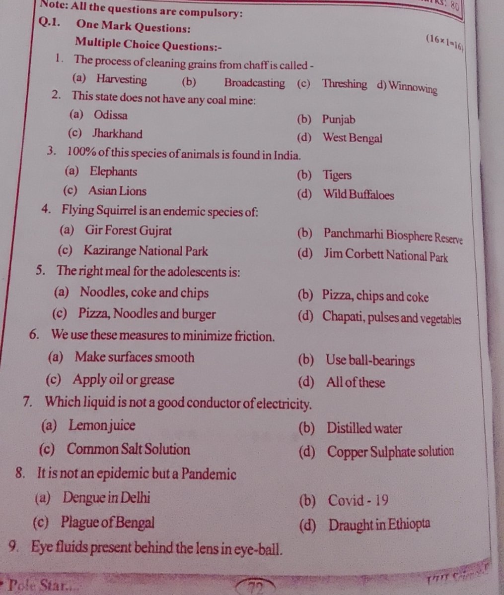 Note: All the questions are compulsory: Q.1. One Mark Questions: Multiple..