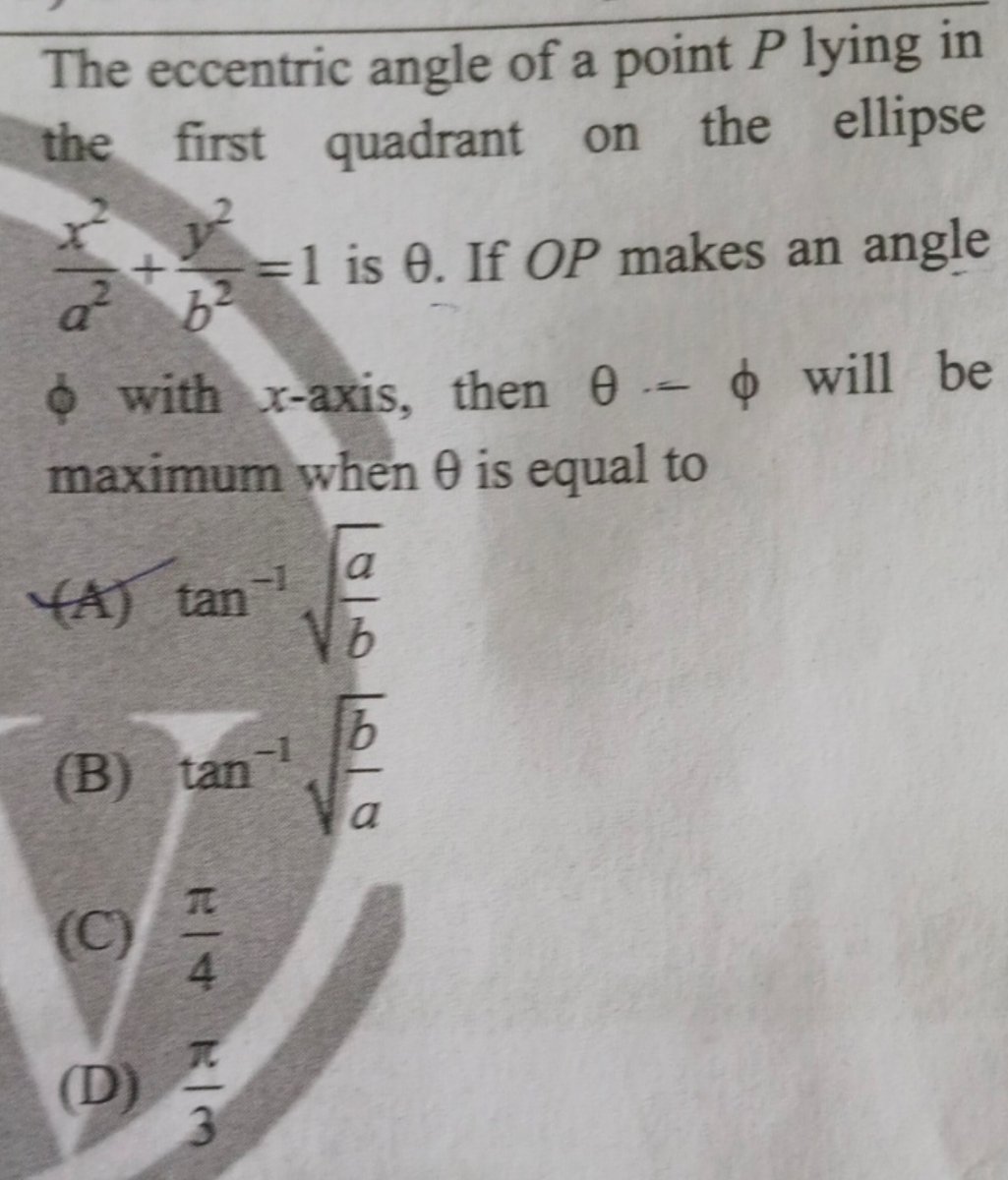 The eccentric angle of a point P lying in the first quadrant on the ellip..