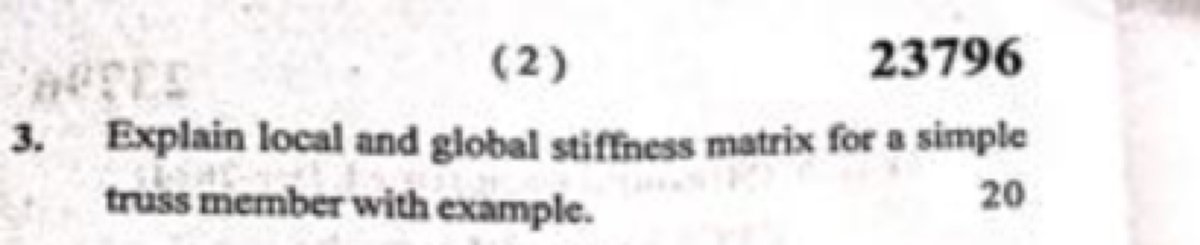 Explain local and global stiffness matrix for a simple truss member with