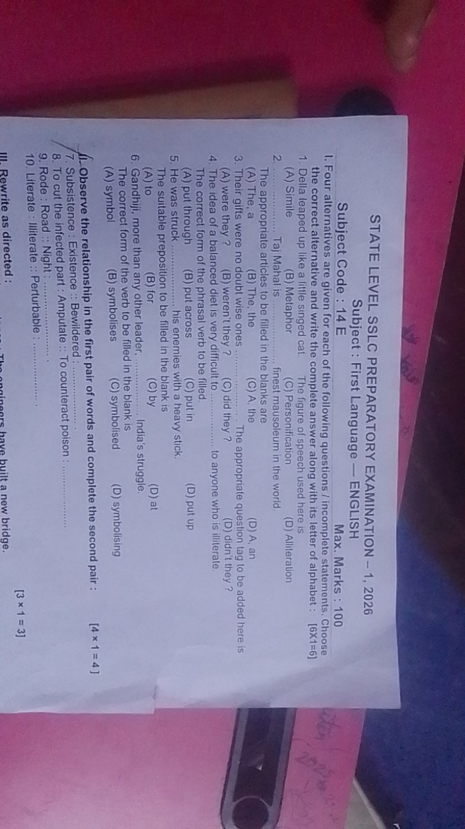 STATE LEVEL SSLC PREPARATORY EXAMINATION – 1, 2026 Subject: First Languag..