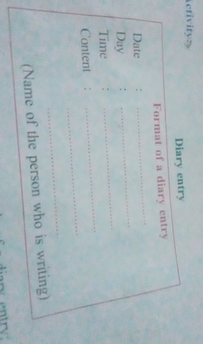 Activity Diary entry Format of a diary entry Date : Day : Time : Conten..