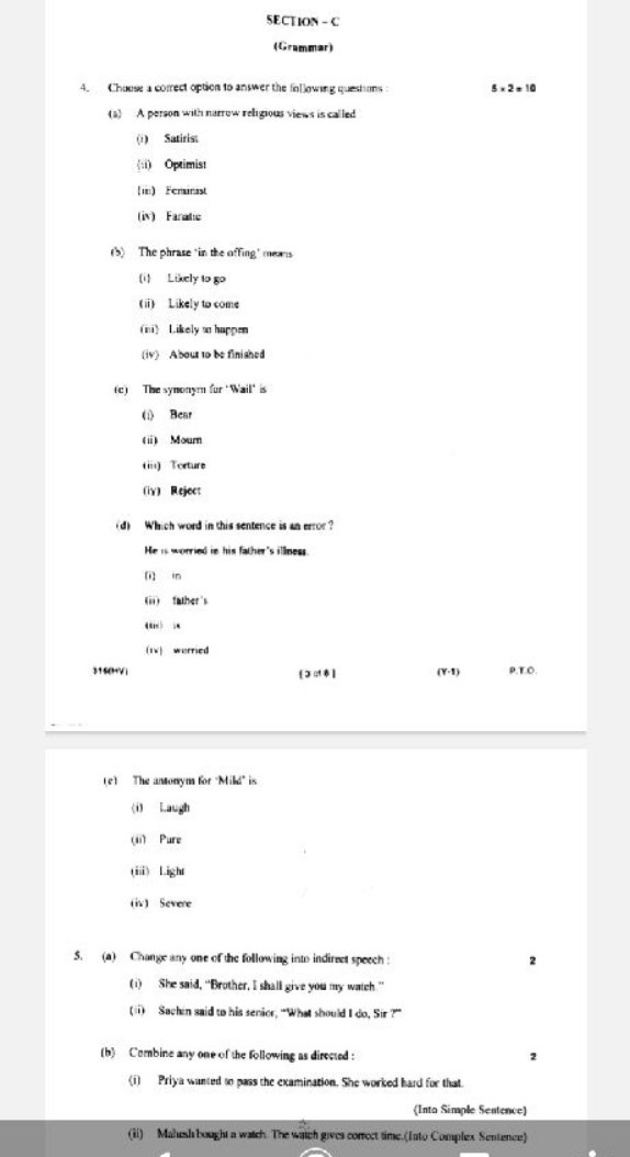 SECTION - C (Grammar) Choose a correct option to answer the following qu..