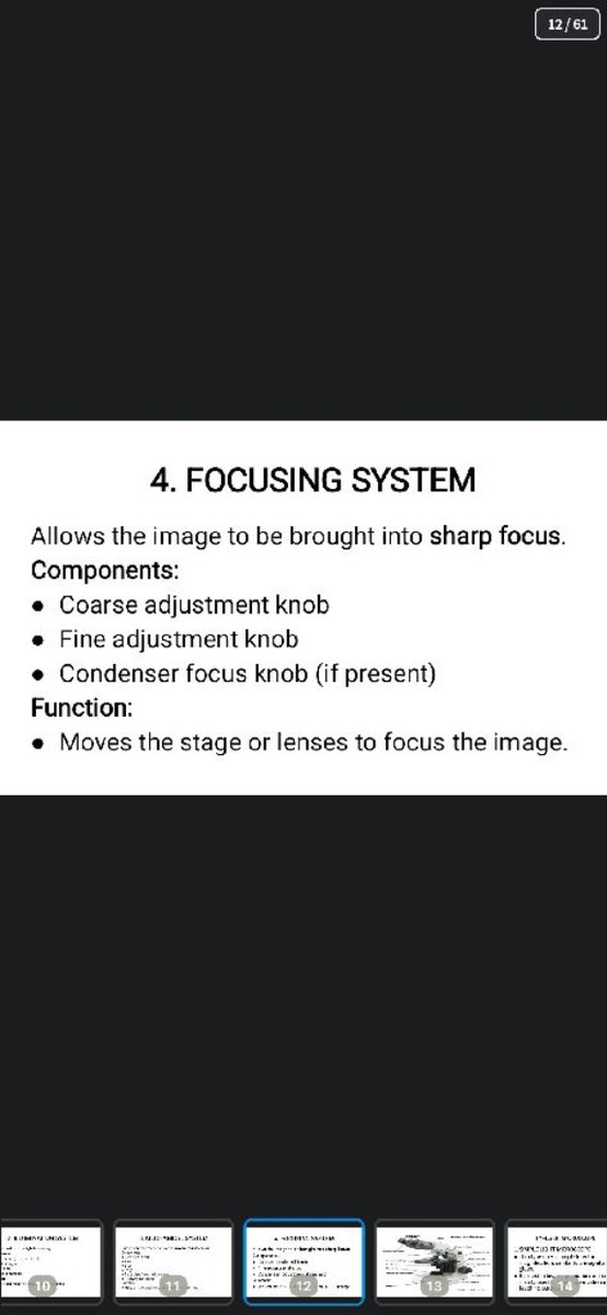 4. FOCUSING SYSTEM Allows the image to be brought into sharp focus. Com..