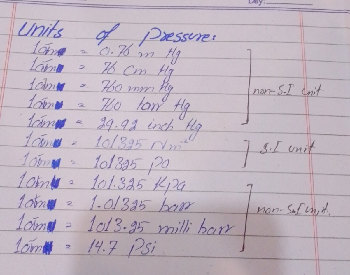 Units of pressure: 1 atm = 0.76 m Hg 1 atm = 76 cm Hg 1 atm = 760 mm Hg 1..