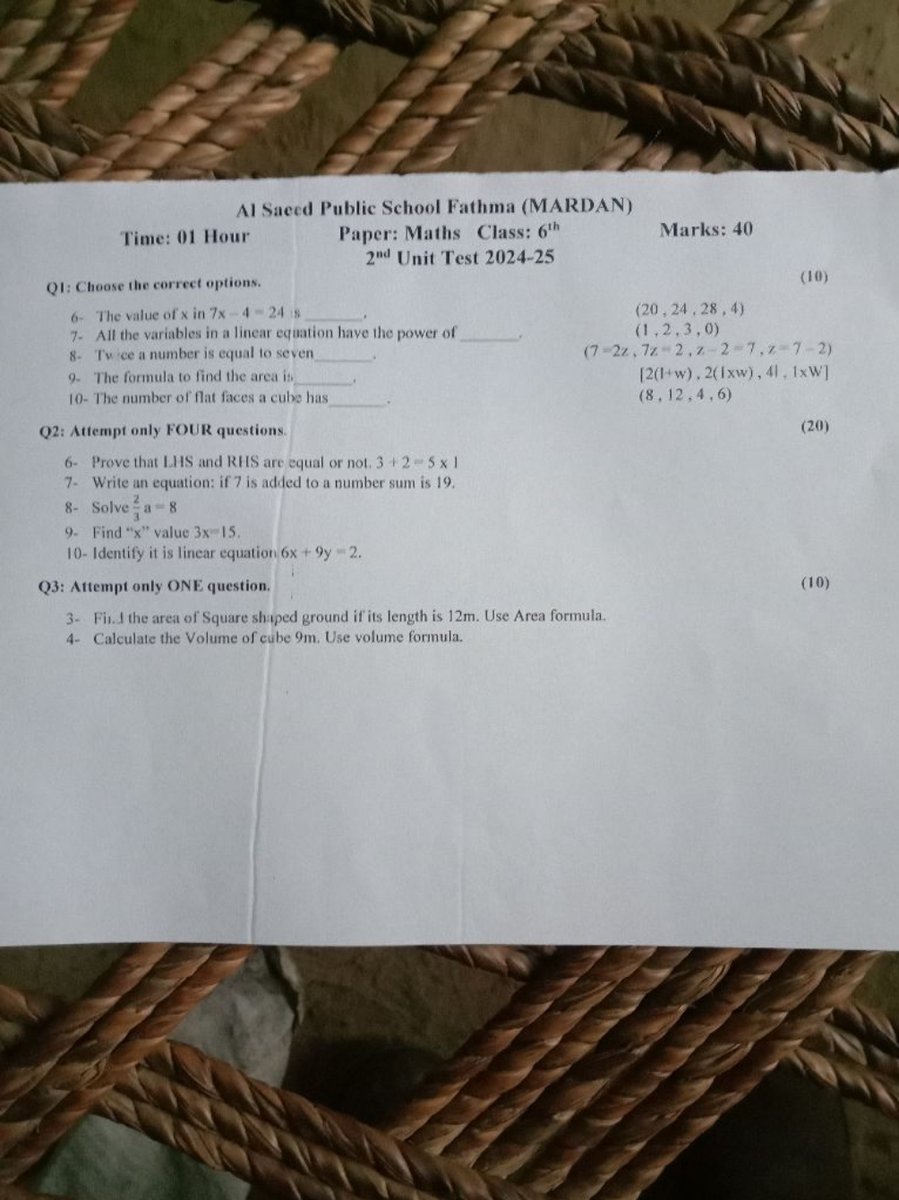 Al Saeed Public School Fathma (MARDAN) Paper: Maths Class: 6th 2nd Unit T..