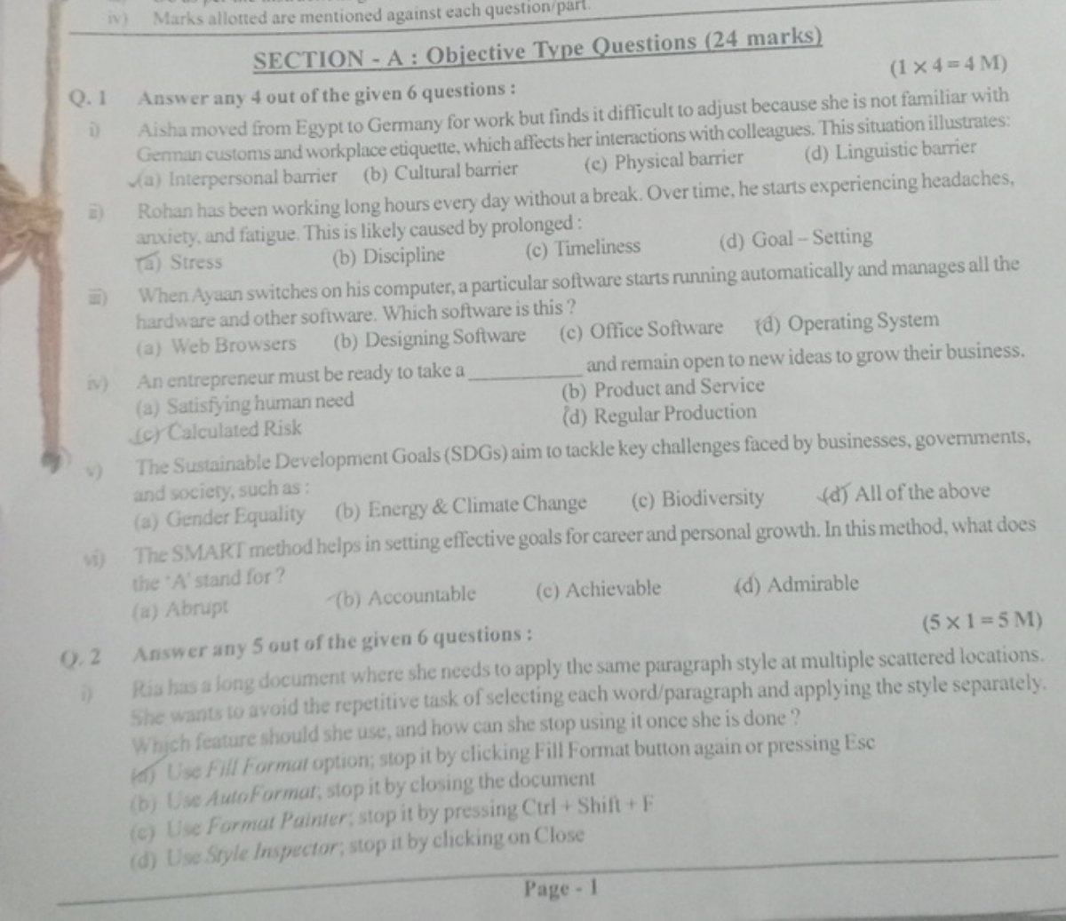 SECTION - A: Objective Type Questions (24 marks) Q.1 Answer any 4 out of
