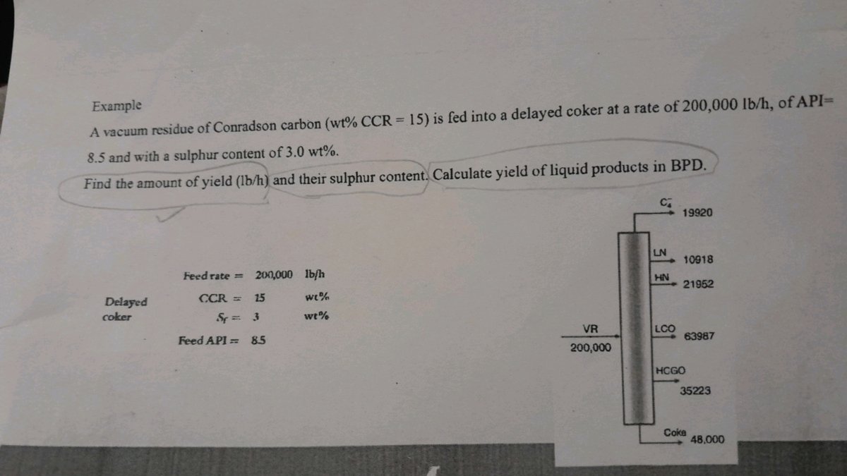 A vacuum residue of Conradson carbon (wt% CCR = 15) is fed into a delayed..