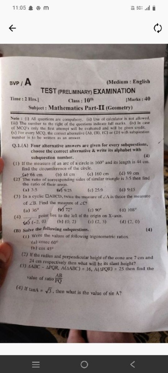 TEST (PRELIMINARY) EXAMINATION Time: 2 Hrs.] Class: 10th [Marks: 40 Subje..
