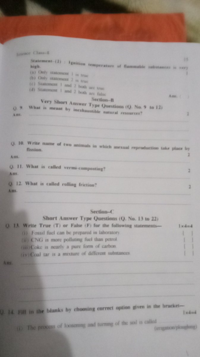Here are the questions from a Science Class-8 exam: Statement-(2): Ignit..