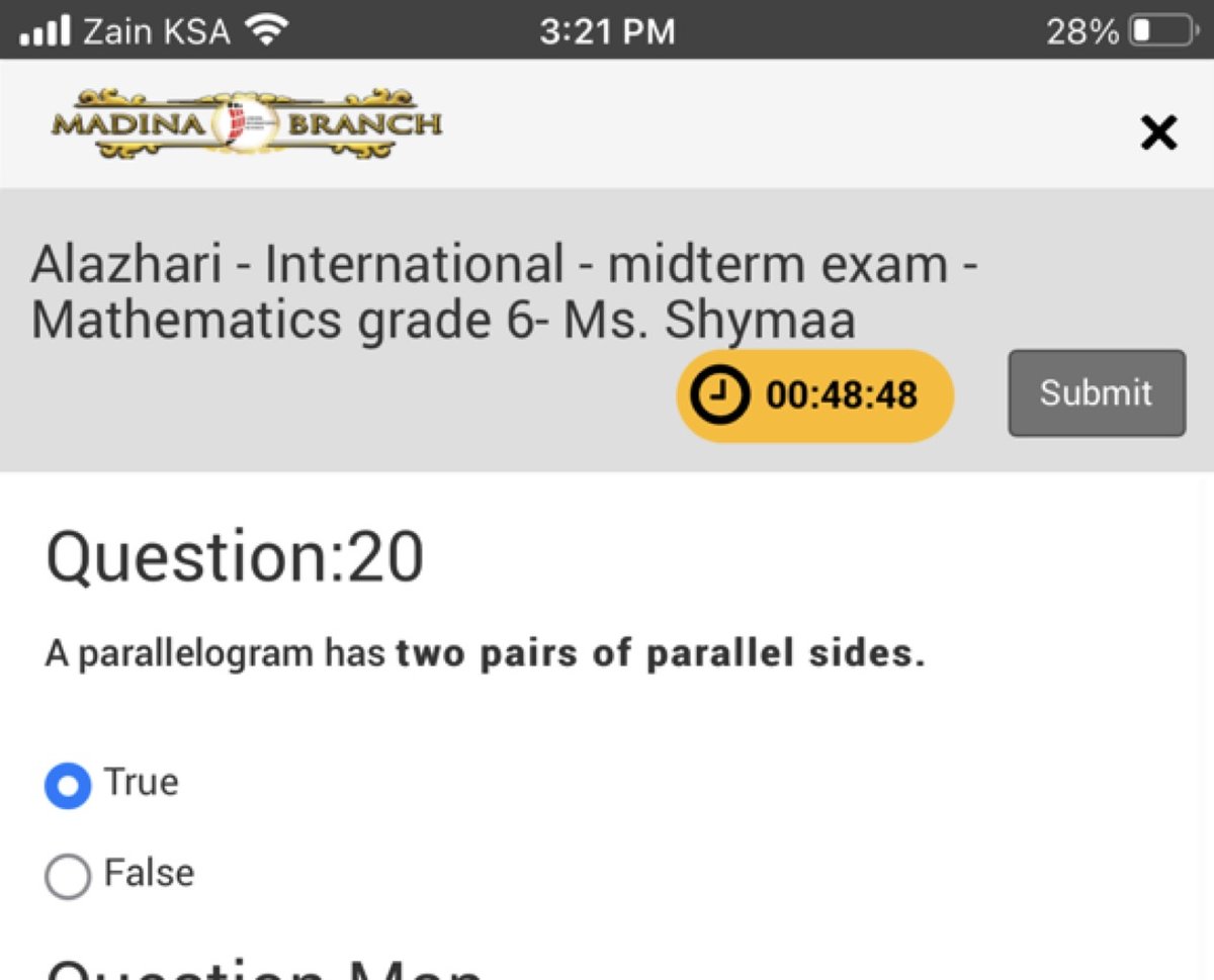 Question: 20 A parallelogram has two pairs of parallel sides. True False..
