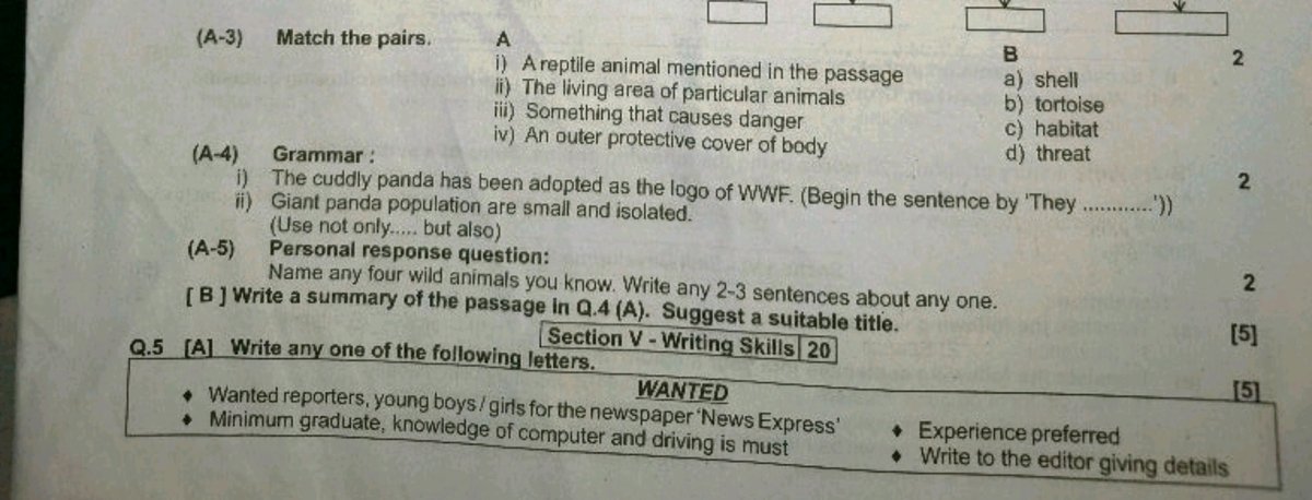 (A-3) Match the pairs. A B i) A reptile animal mentioned in the passage a..