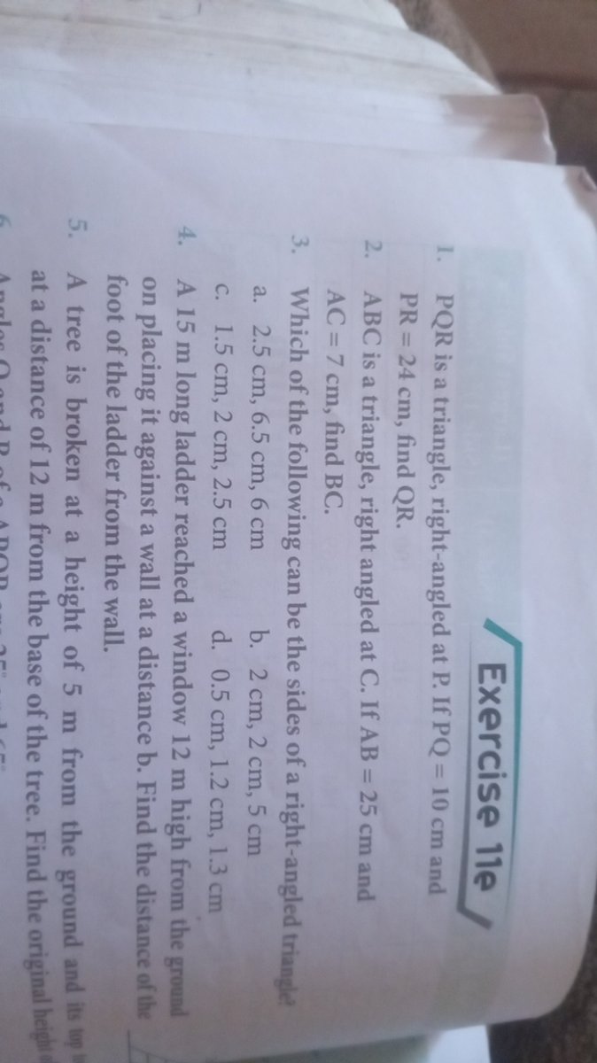 Here are the questions from Exercise 11e: PQR is a triangle, right-angle..