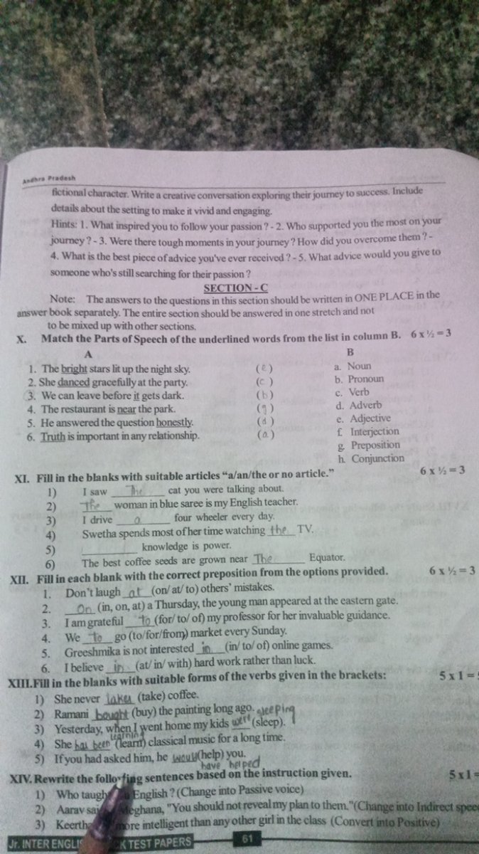 Here are several English grammar exercises: X. Match the Parts of Speech..