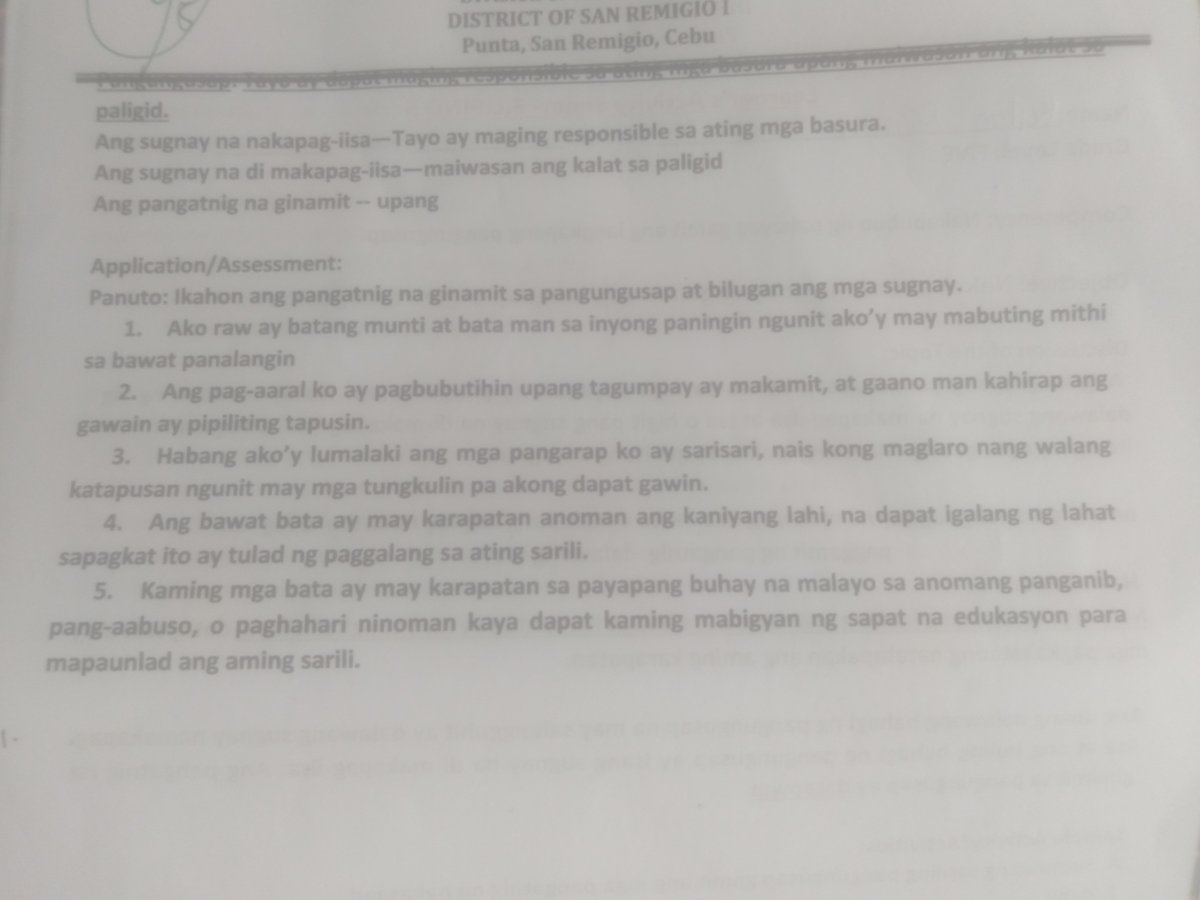 Application/Assessment: Panuto: Ikahon ang pangatnig na ginamit sa pangun..