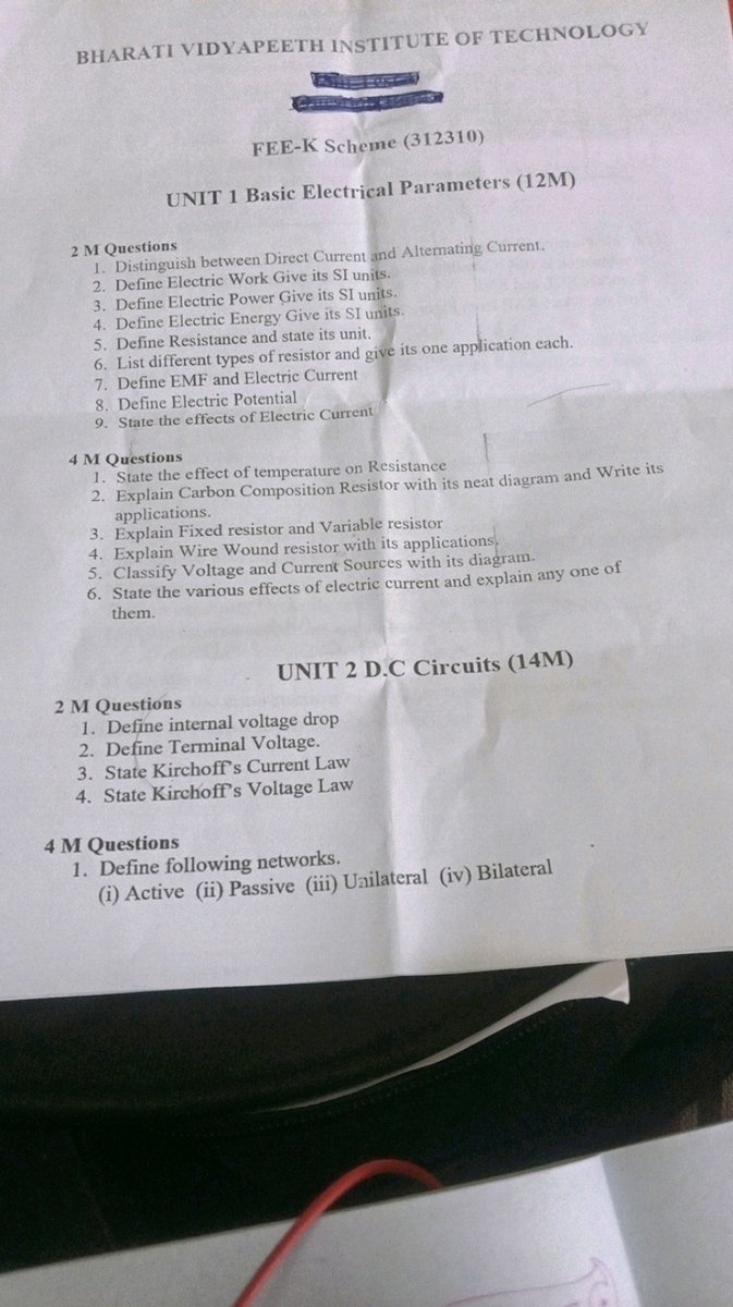 Here are the questions from the image: UNIT 1 Basic Electrical Parameter..