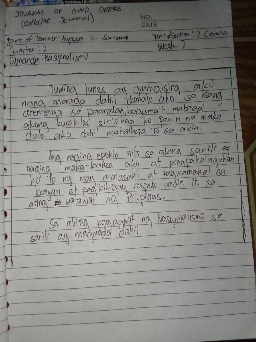 JOURNAL OF GOOD DEEDS (Reflective Journal) Name of learner: Ayessa V. So..