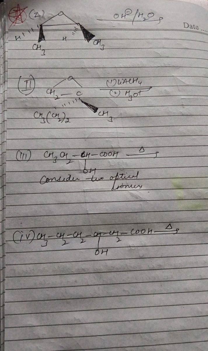 Solve the following organic chemistry problems: (I) [Diagram of an epoxi..