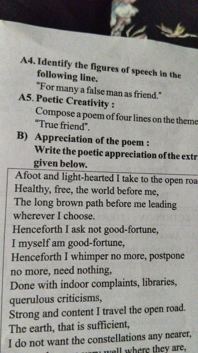 A4. Identify the figures of speech in the following line. "For many a fal..