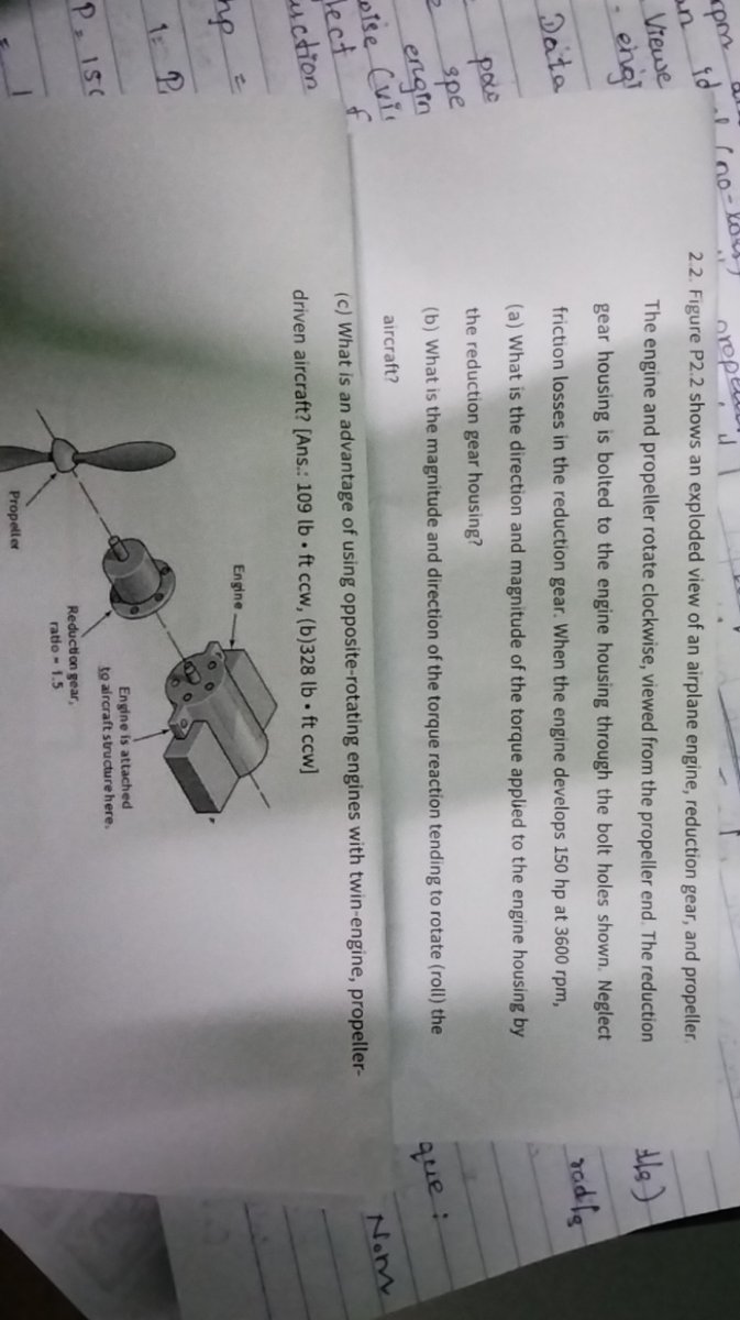 Figure P2.2 shows an exploded view of an airplane engine, reduction gear,..