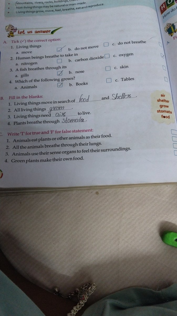 Here are some questions about living and non-living things: A. Tick ( ) ..