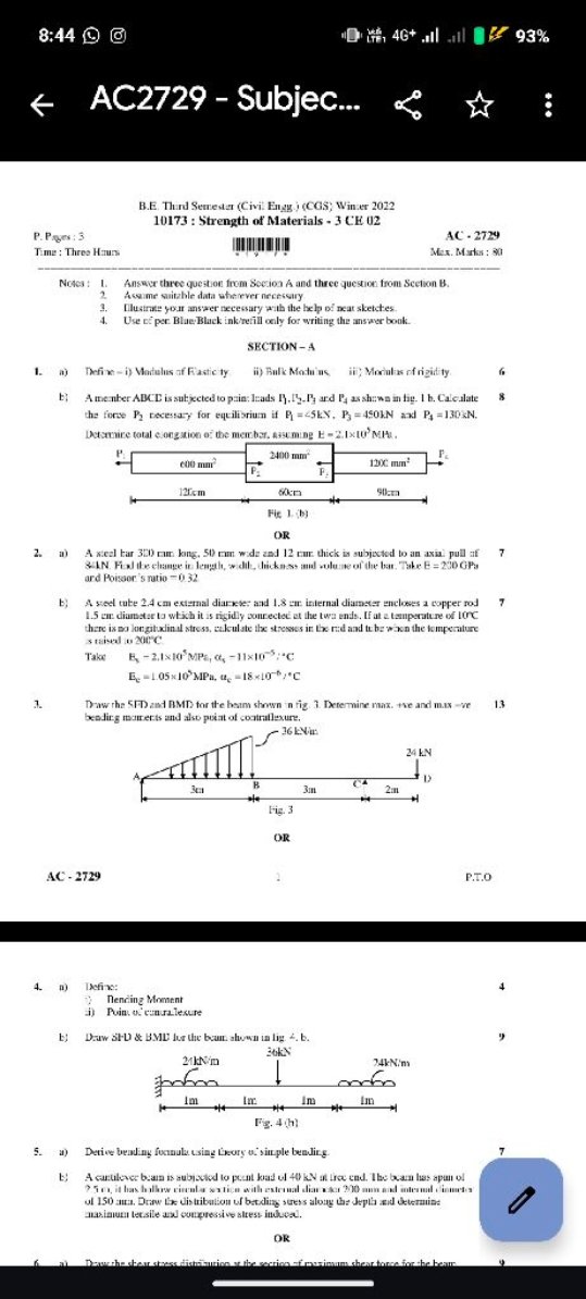 Draw the SFD and BMD for the beam shown in fig. 3. Determine max. +ve and..