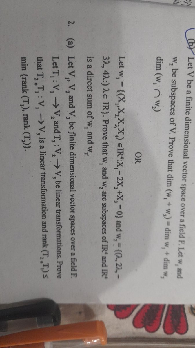 (b) Let V be a finite dimensional vector space over a field F. Let w₁ and..