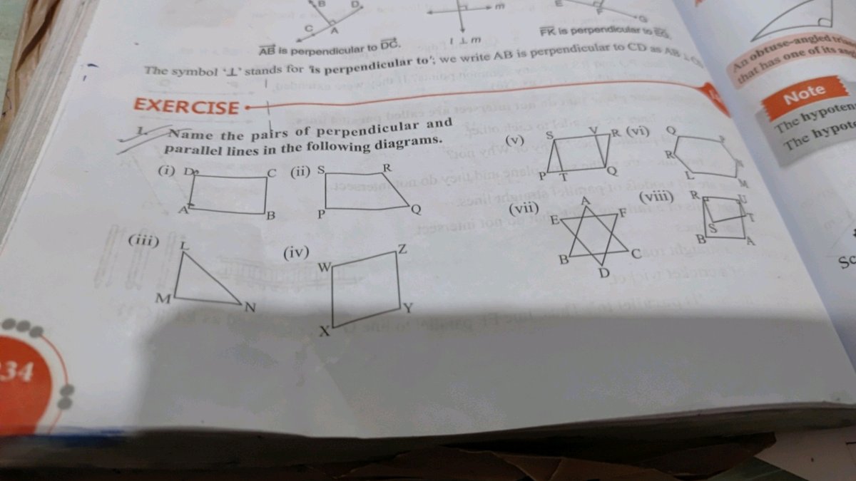 Name the pairs of perpendicular and parallel lines in the following diagr..
