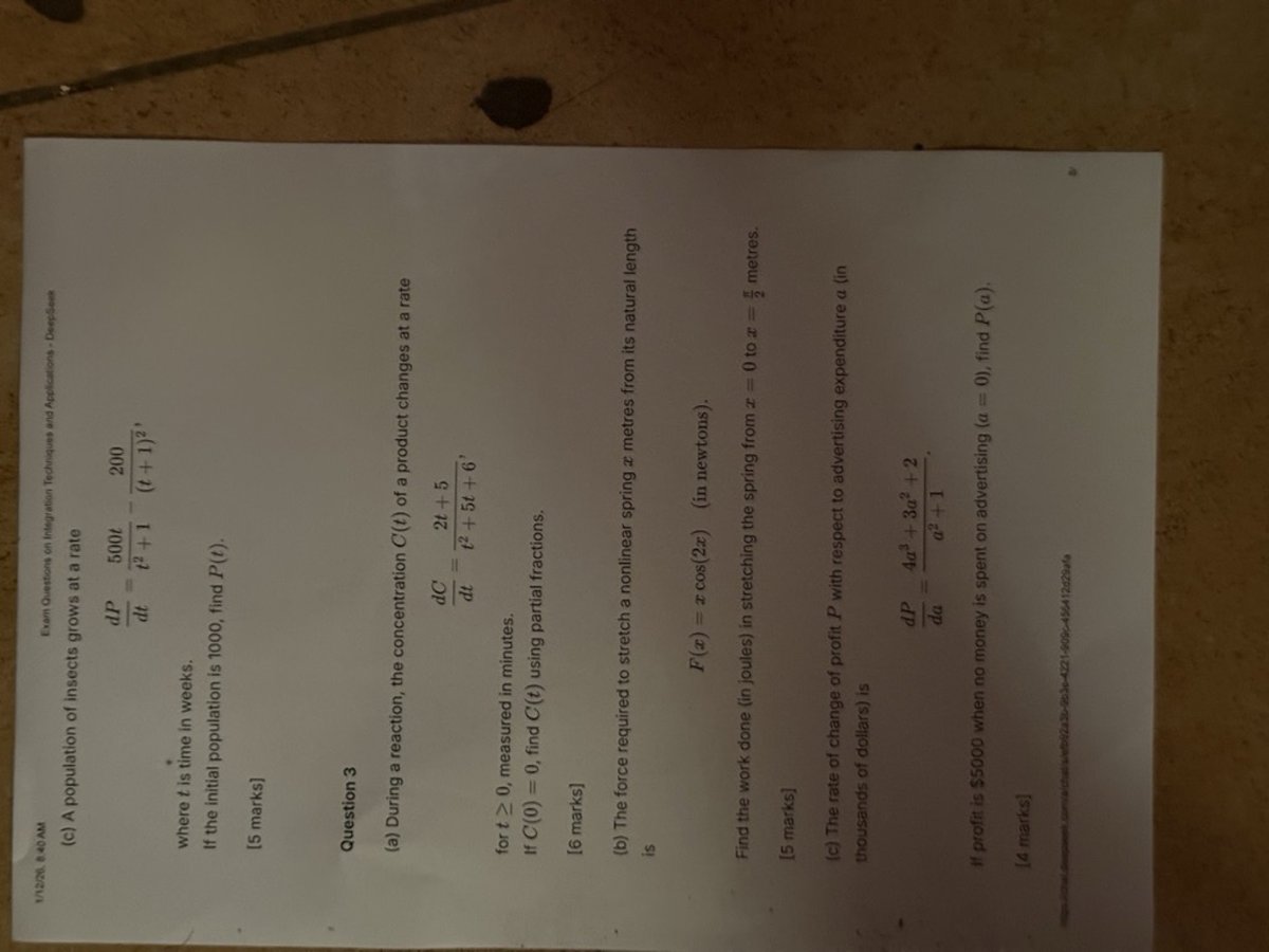 (c) A population of insects grows at a rate \frac{dP}{dt} = \frac{500t}{..