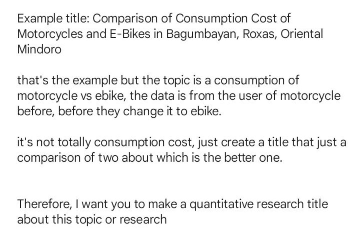Example title: Comparison of Consumption Cost of Motorcycles and E-Bikes