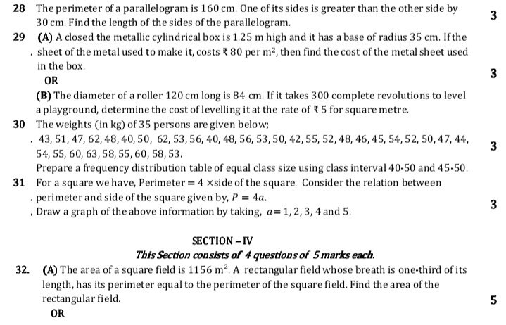 Here are a few questions: 28. The perimeter of a parallelogram is 160 cm..