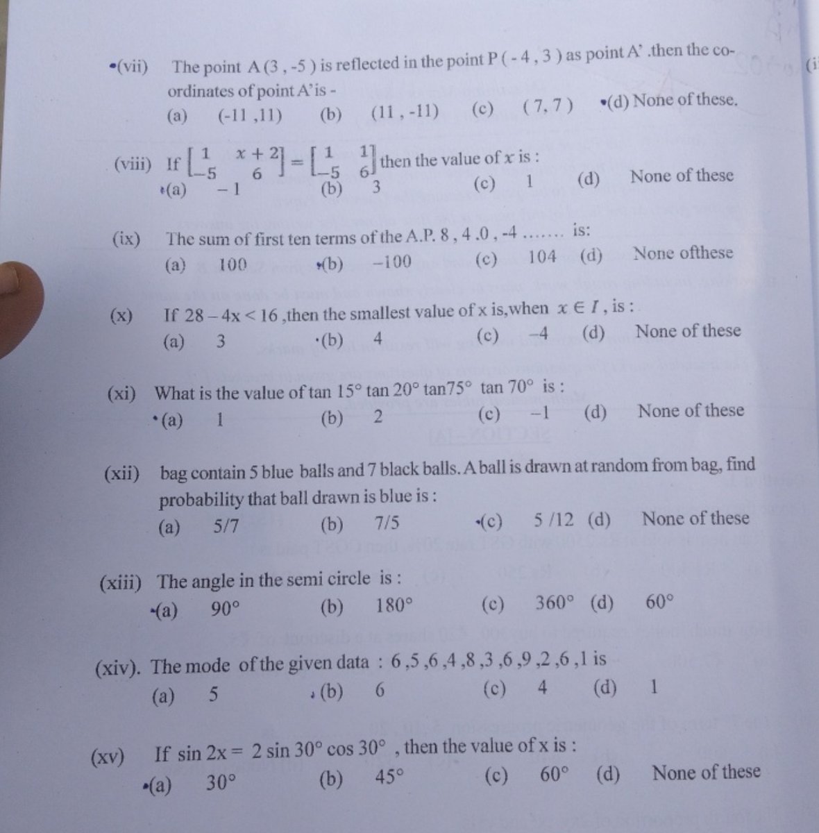 (vii) The point A (3, -5) is reflected in the point P (-4, 3) as point A'..