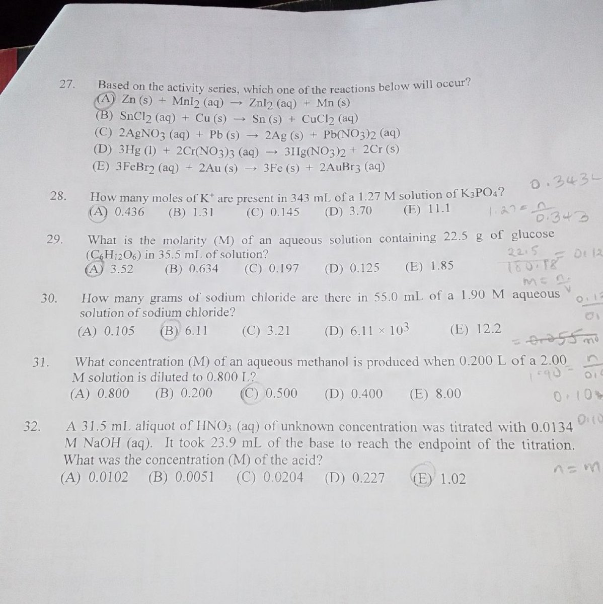Based on the activity series, which one of the reactions below will occur..