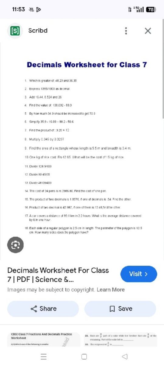 Decimals Worksheet for Class 7 Which is greater of 48.23 and 36.35 Expre..