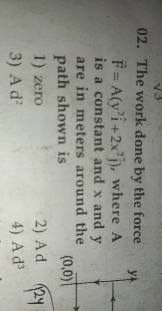 The work done by the force \vec{F} = A(y^2\hat{i} + 2x^2\hat{j}), where A..
