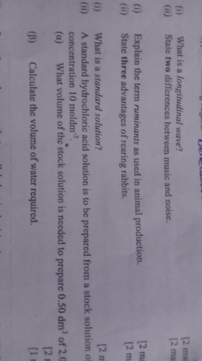 (i) What is a longitudinal wave? (ii) State two differences between music..