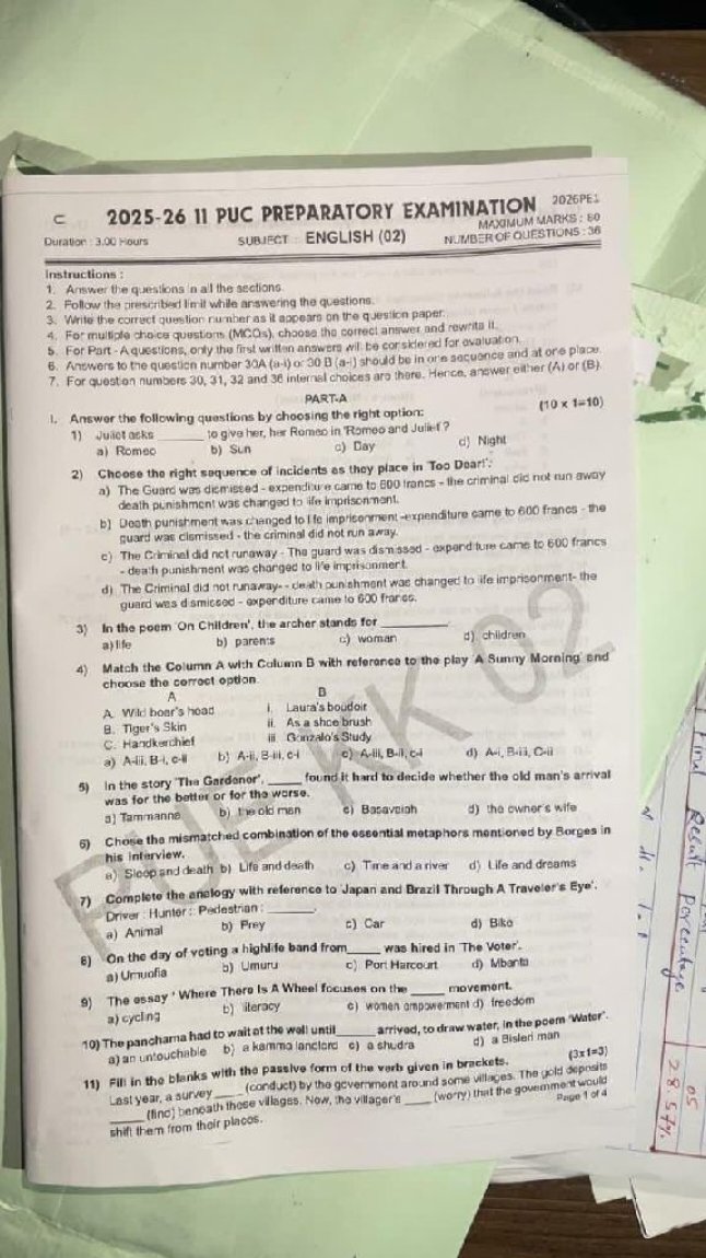 2025-26 11 PUC PREPARATORY EXAMINATION SUBJECT ENGLISH (02) MAXIMUM MARKS..