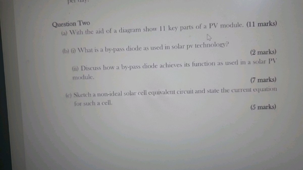 Question Two (a) With the aid of a diagram show 11 key parts of a PV mod..