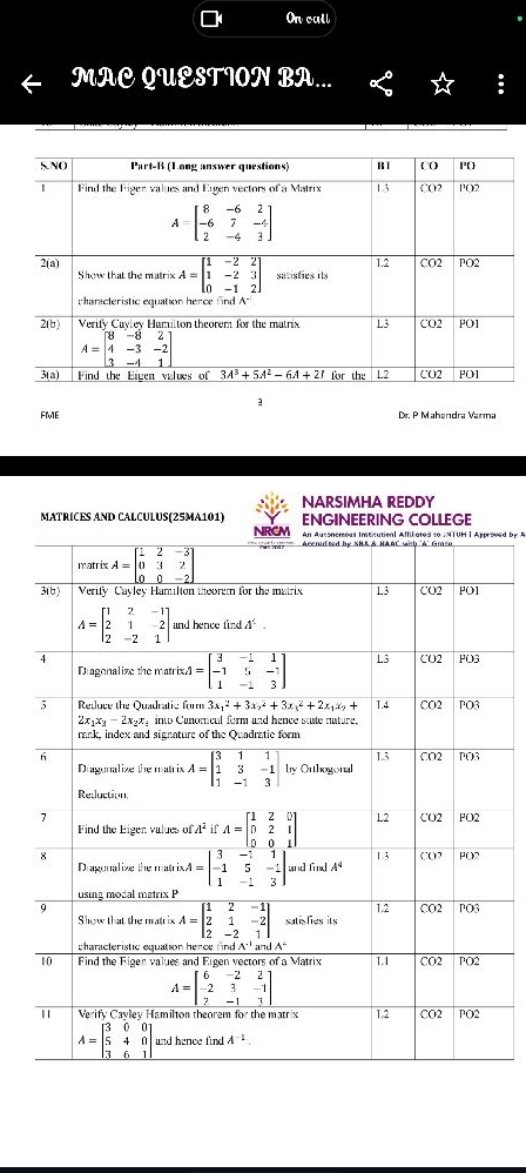 Matrices and Calculus (Part-B): Long Answer Questions Find the eigenvalu..