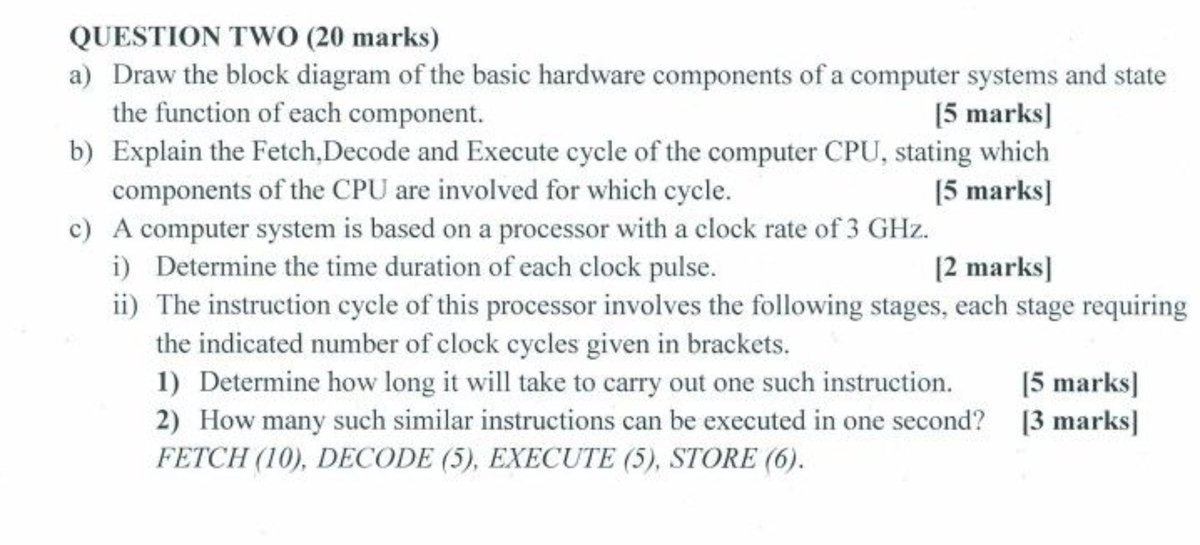 QUESTION TWO (20 marks) a) Draw the block diagram of the basic hardware c..