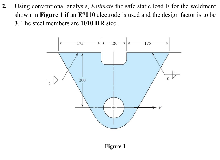 Using conventional analysis, estimate the safe static load F for the weld..