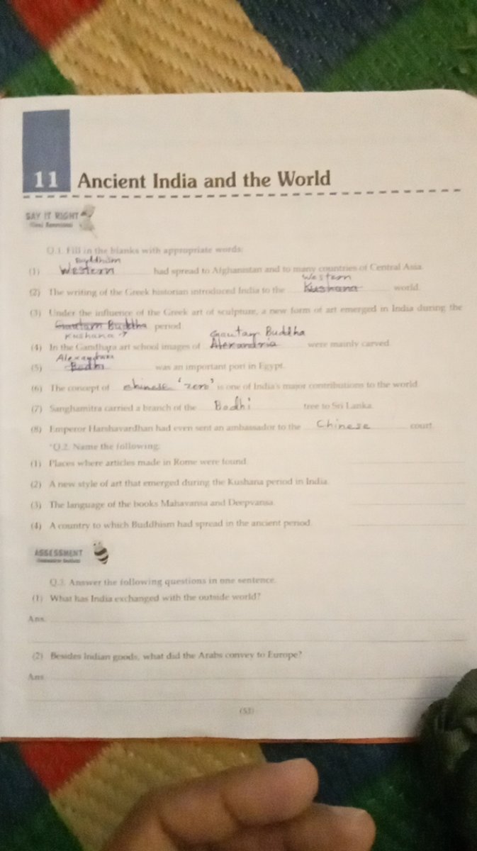 11 Ancient India and the World Q.1. Fill in the blanks with appropriate