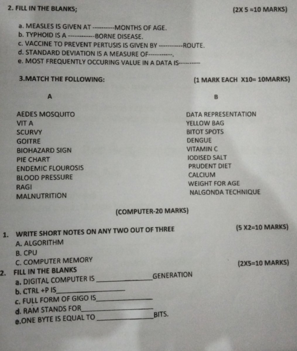 FILL IN THE BLANKS; a. MEASLES IS GIVEN AT ________MONTHS OF AGE. b. TYPH..