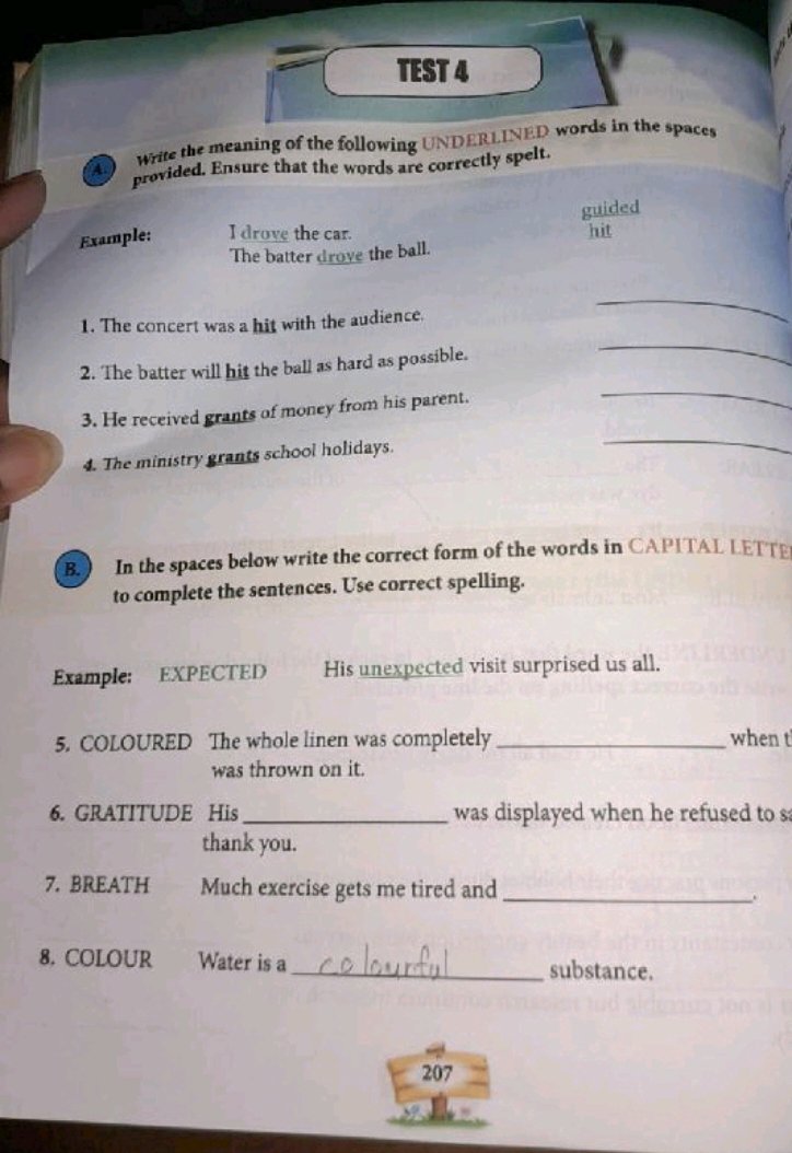 TEST 4 A. Write the meaning of the following UNDERLINED words in the spa..
