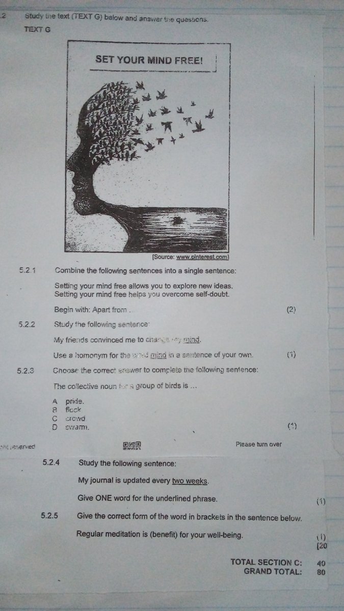 Study the text (TEXT G) below and answer the questions. TEXT G SET YOUR