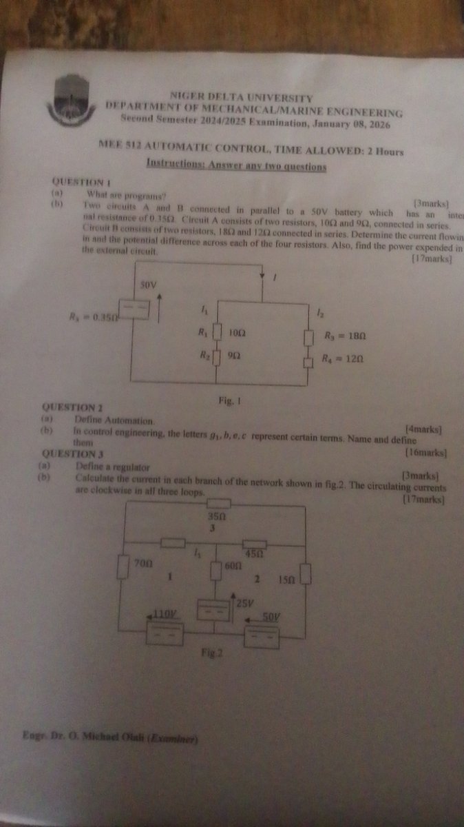 Niger Delta University – MEE 512 Automatic Control Time Allowed: 2 Hours