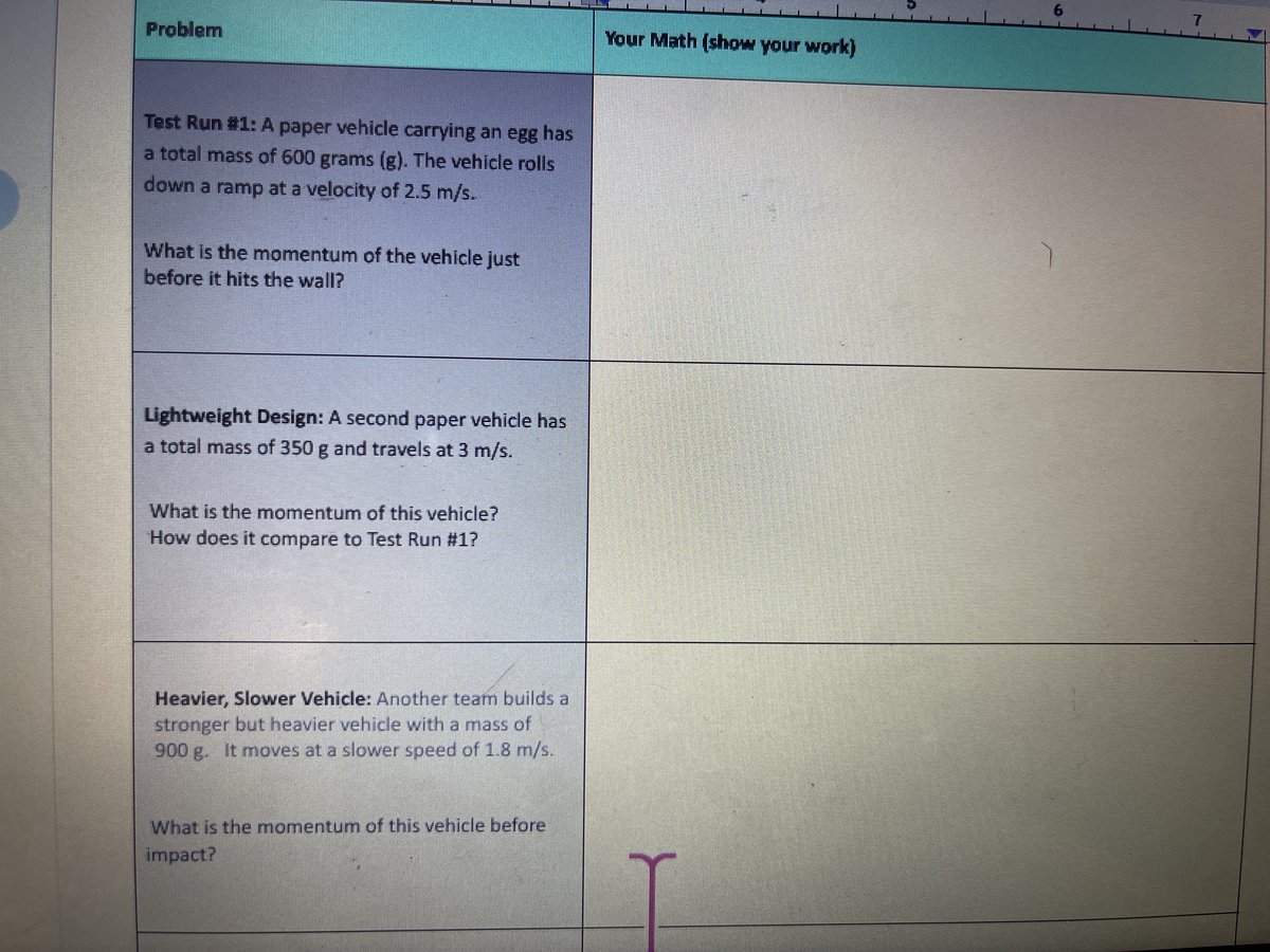 Test Run #1: A paper vehicle carrying an egg has a total mass of 600 gram..